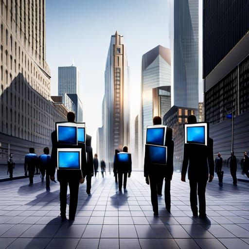 everyone with a computer monitor in place of their head, walking in ...