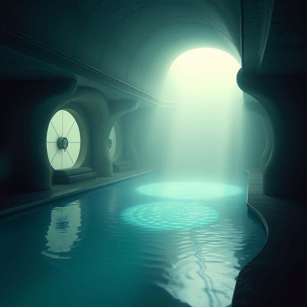 Ethereal Liminal Pool Room with Unsettling Atmosph... - AI Art