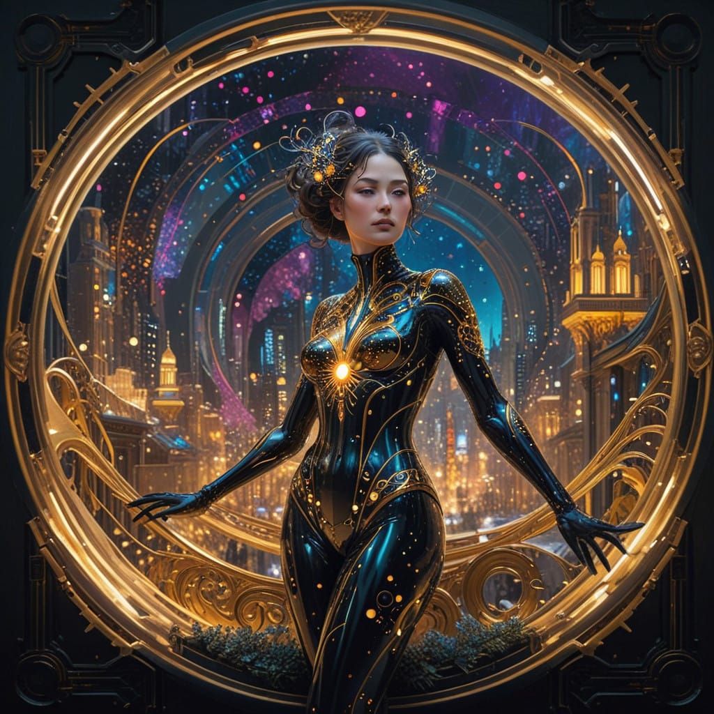 Cyborg Goddess in Golden Line Art, Art Nouveau Sci... - AI Art