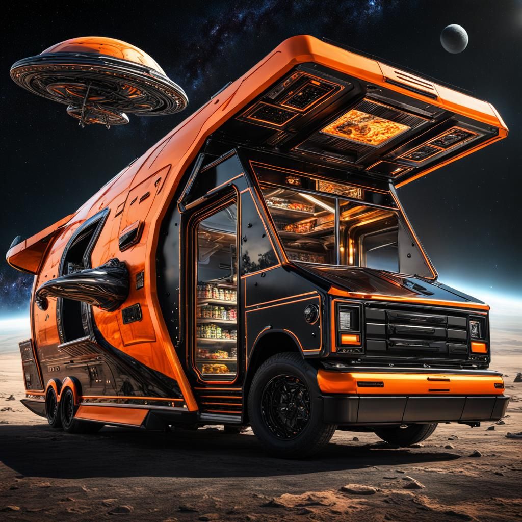 A star fighter Taco food truck that has a sleek W shape frame it is a ...