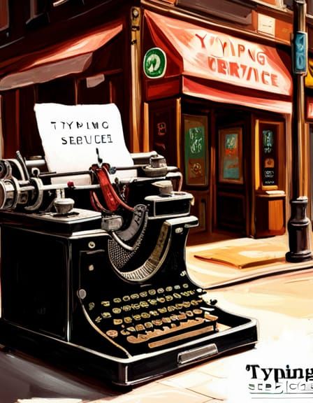 An advertisement with a typewriter and a sign with the words "Typing ...