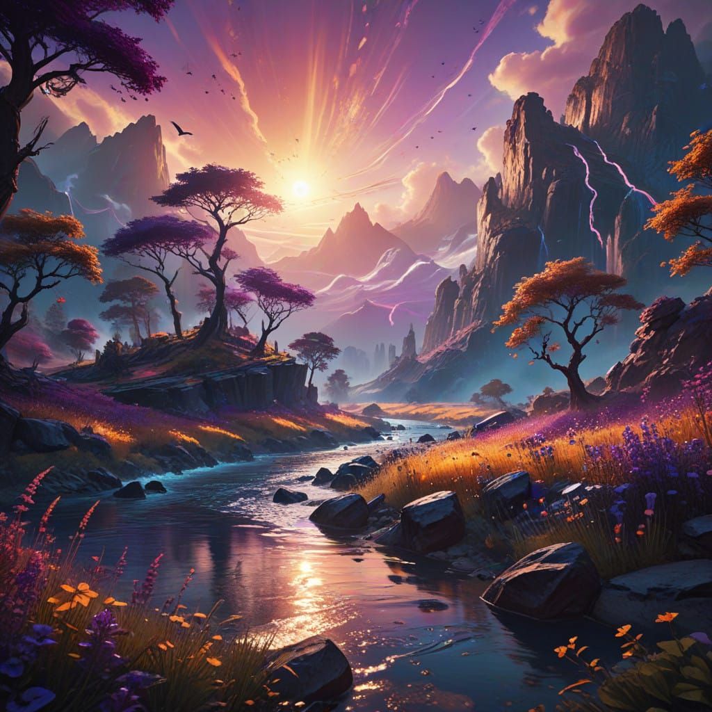 Dreamlike Summerscape at Sunset in Vibrant Digital... - AI Art