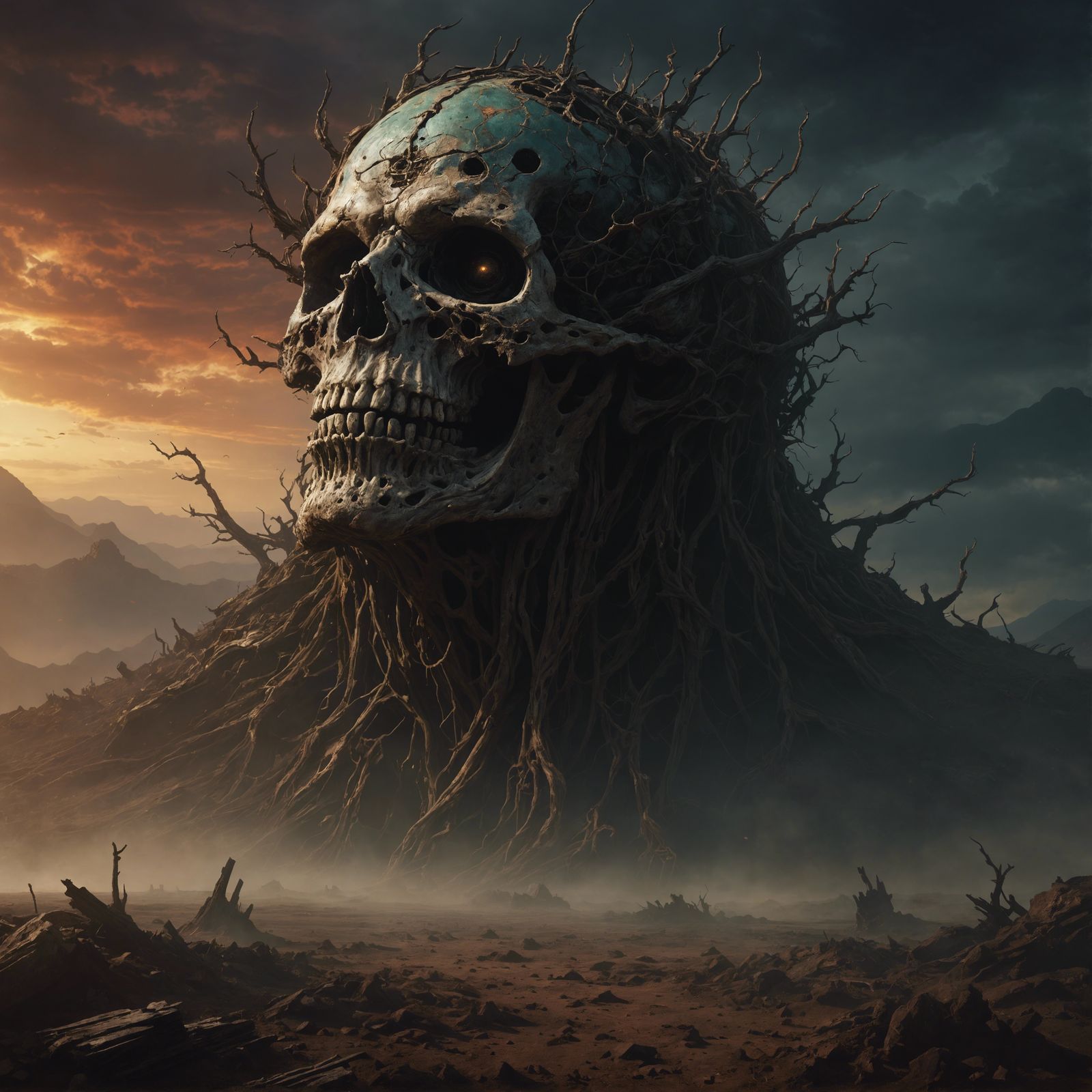 massive decaying head of old god laying forgotten in a desolate ...