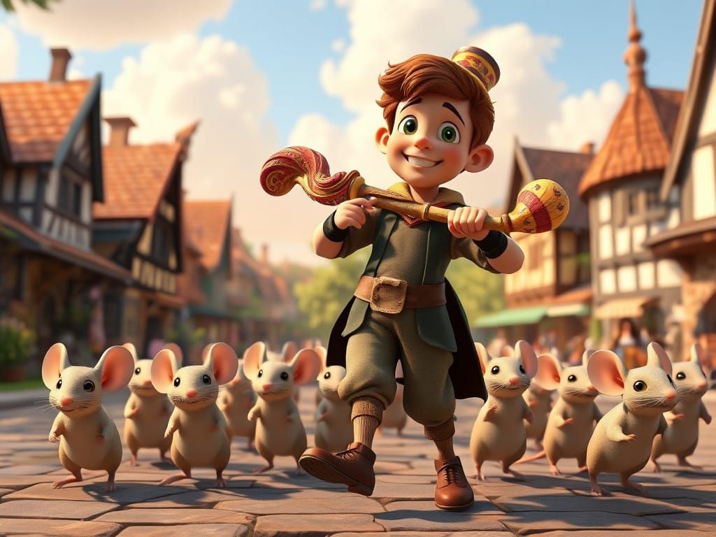 Medieval Piper Enchants Chibi Mice in Whimsical Vi... - AI Art