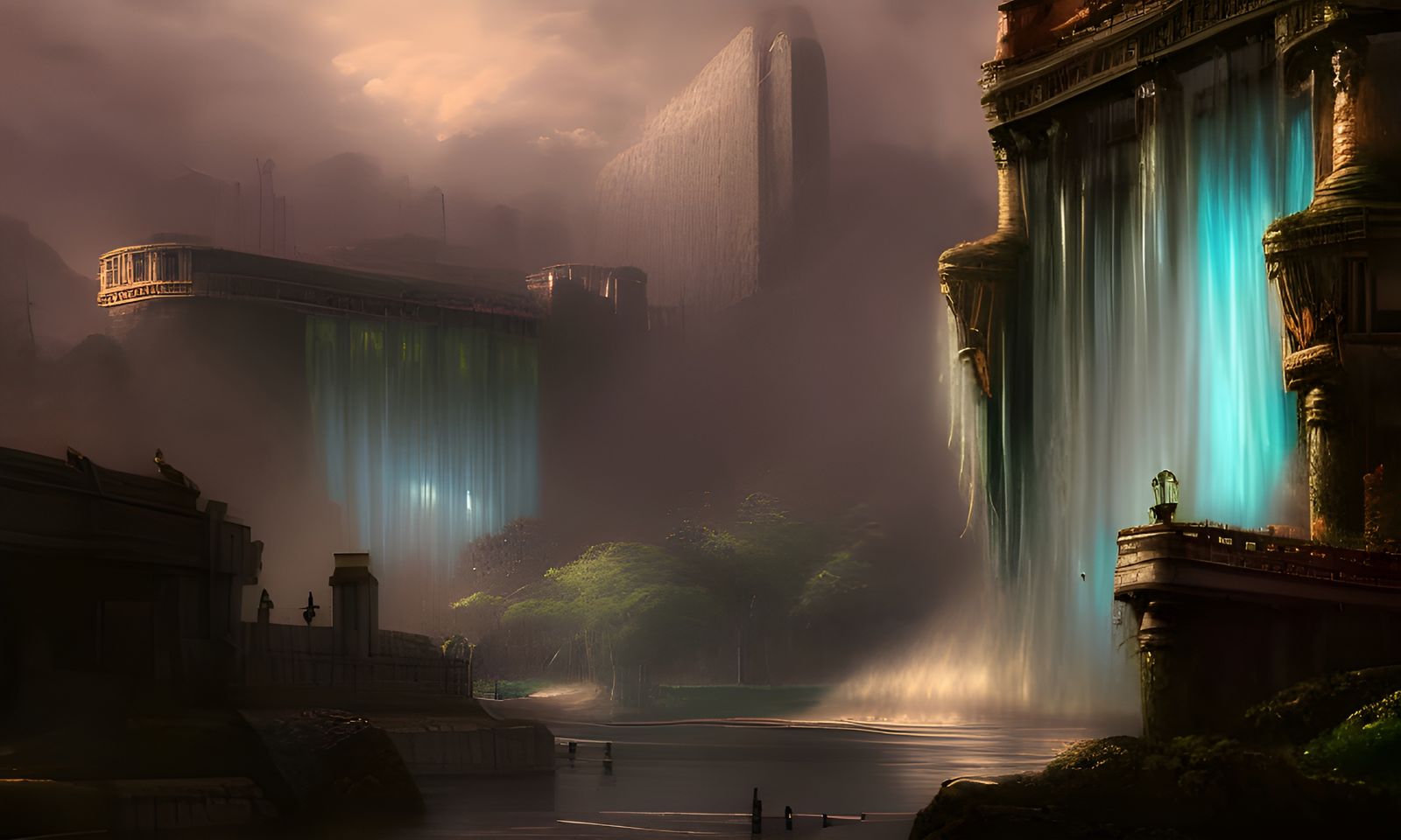 waterfall science fantasy fountain ancient classical architecture world ...