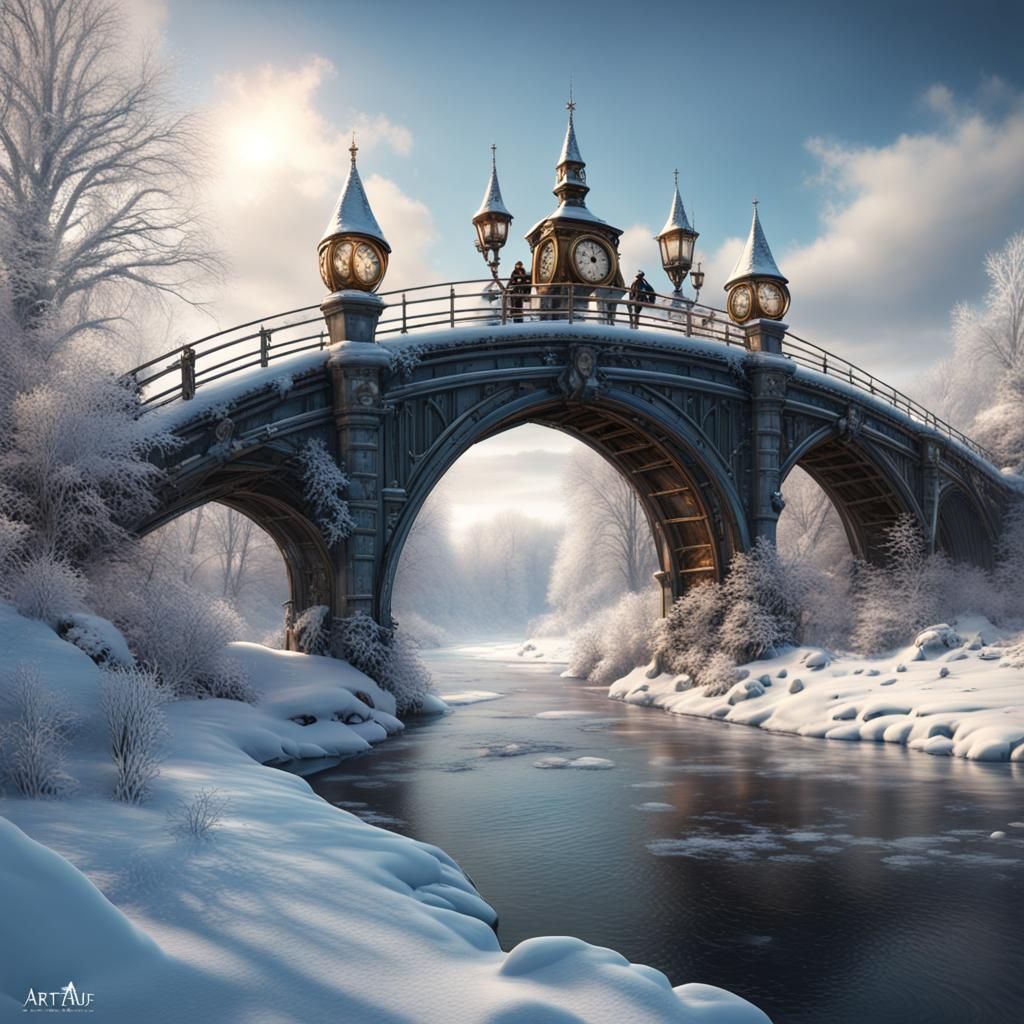Steampunk Bridge Over a Wintery River - AI Generated Artwork ...