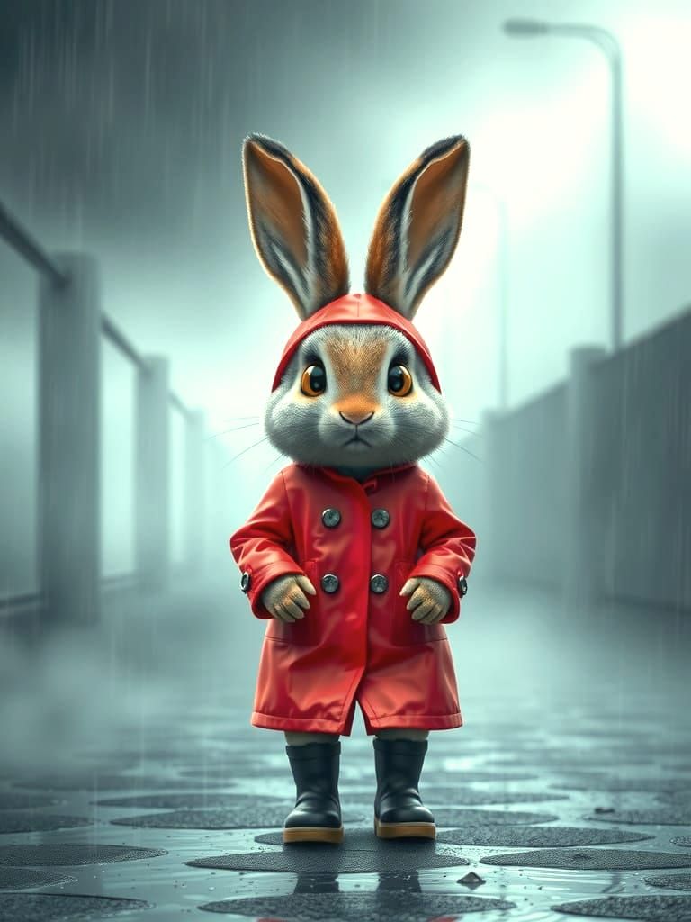 Cozy Realist Bunny Walks in the Rain - AI Art