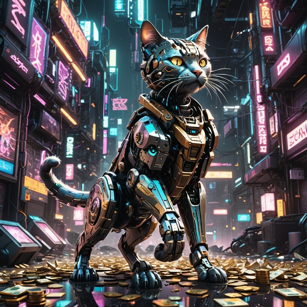 money in the air with a cat mecha - Cat Mecha Amidst Swirlin...