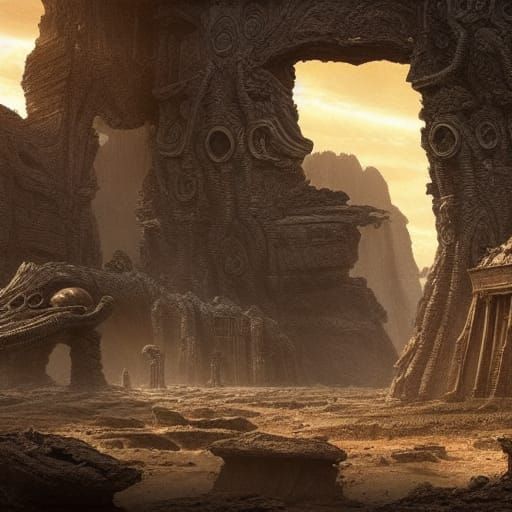 intricate alien ruins of crumbling black stone, in an extraterrestrial ...