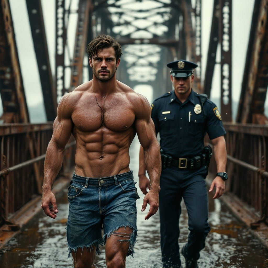 Tough Guy Led Away by Handsome Cop in Soaking Wet ... - AI Art