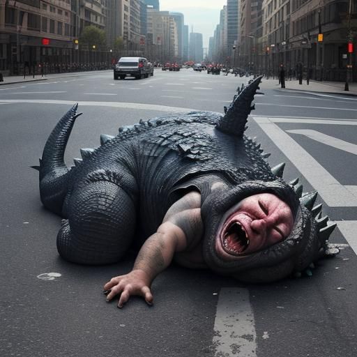 Alcoholic drunk godzilla passed out in the middle of the street - AI ...