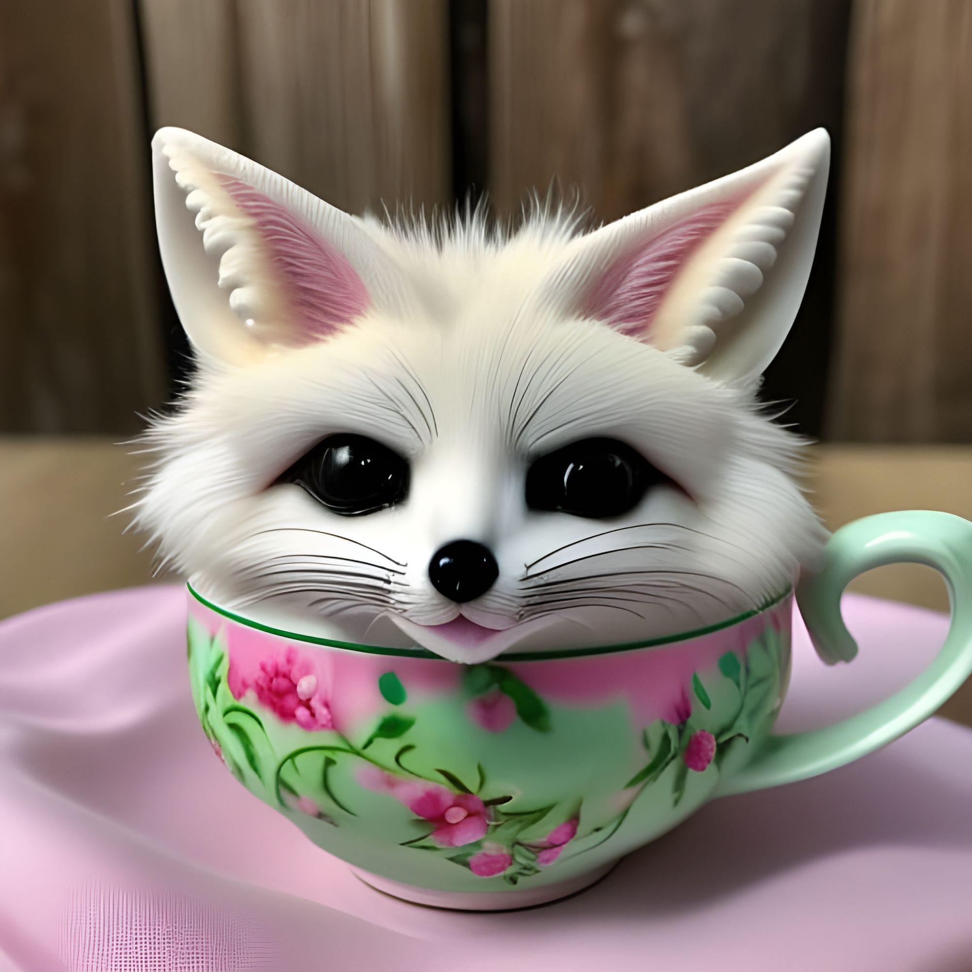 Snow white Fennec Fox nestled in a pink tea cup 2 with huge gremlin ...