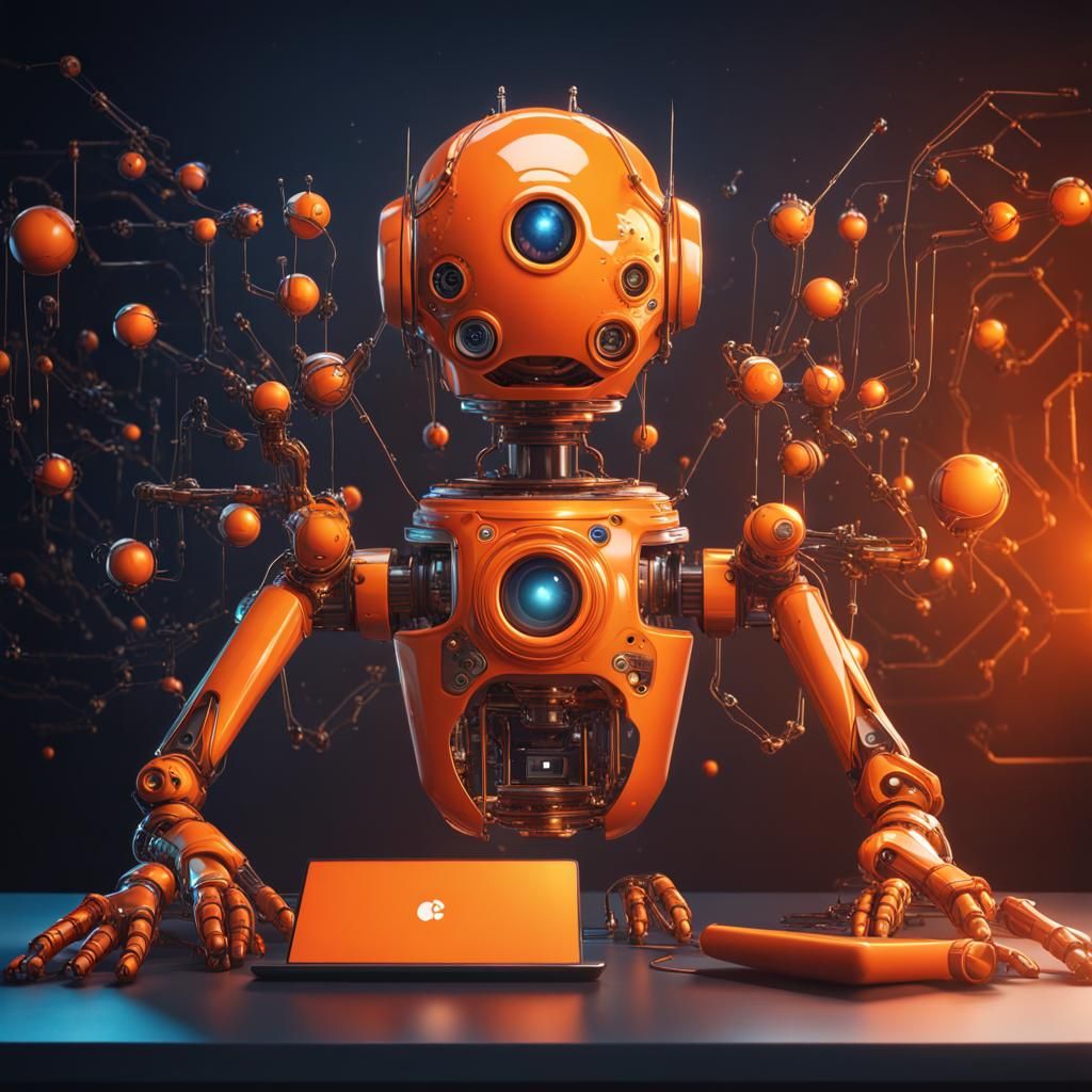 A orange logo atom robot with big eye traveling space around floating ...