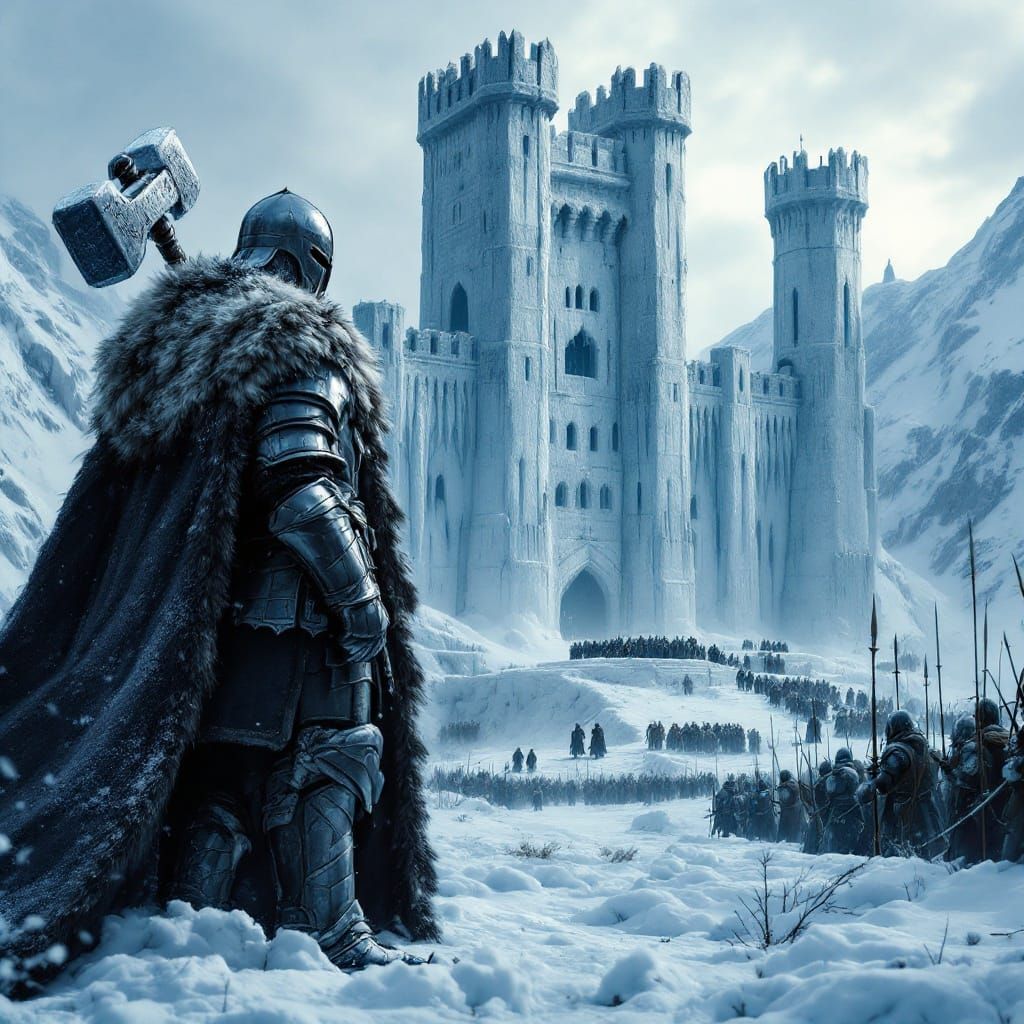 knight in front of a colossal ice fortress II