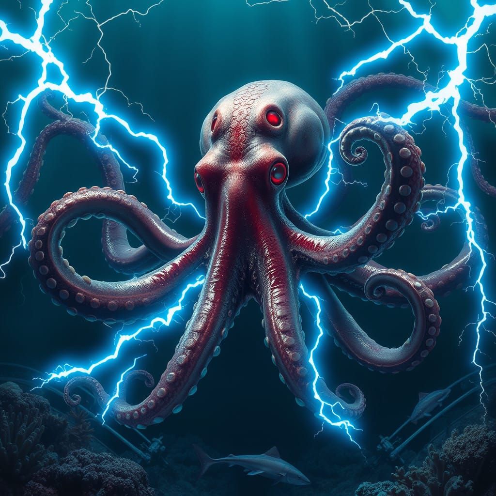 Mighty Octopus Harnesses Electric Power in Dark Oc... - AI Art