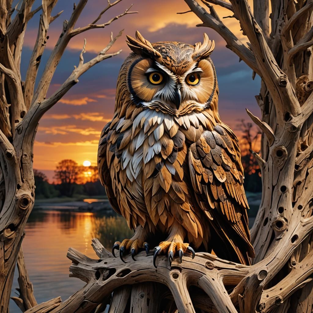 Owl Carved from driftwood - AI Generated Artwork - NightCafe Creator