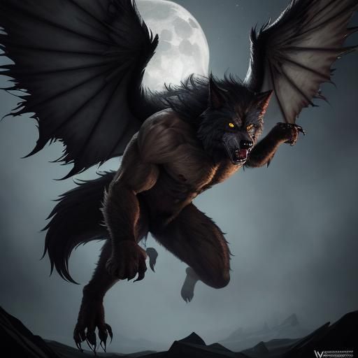 Winged Werewolf under a full moon - AI Generated Artwork - NightCafe ...