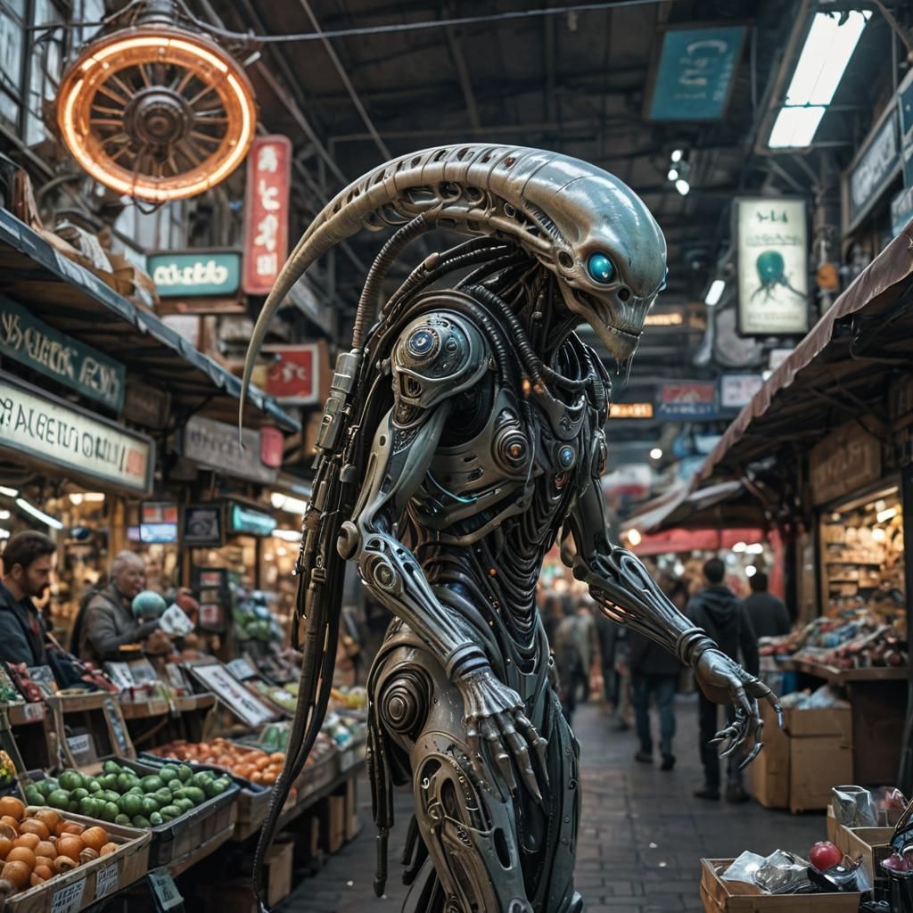 Futuristic biopunk alien wizard exploring marketplace - AI Generated ...