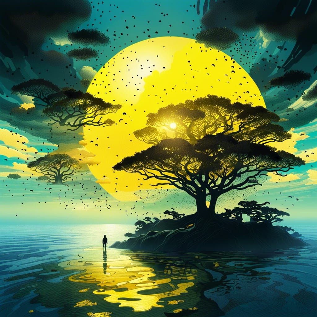 Ocean view at day with trees and sun glowing yellow through the clouds ...