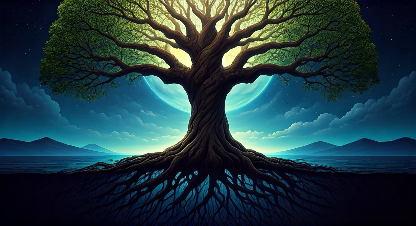 Cosmic Axis Mundus: The Tree of Three Worlds Unite... - AI Art