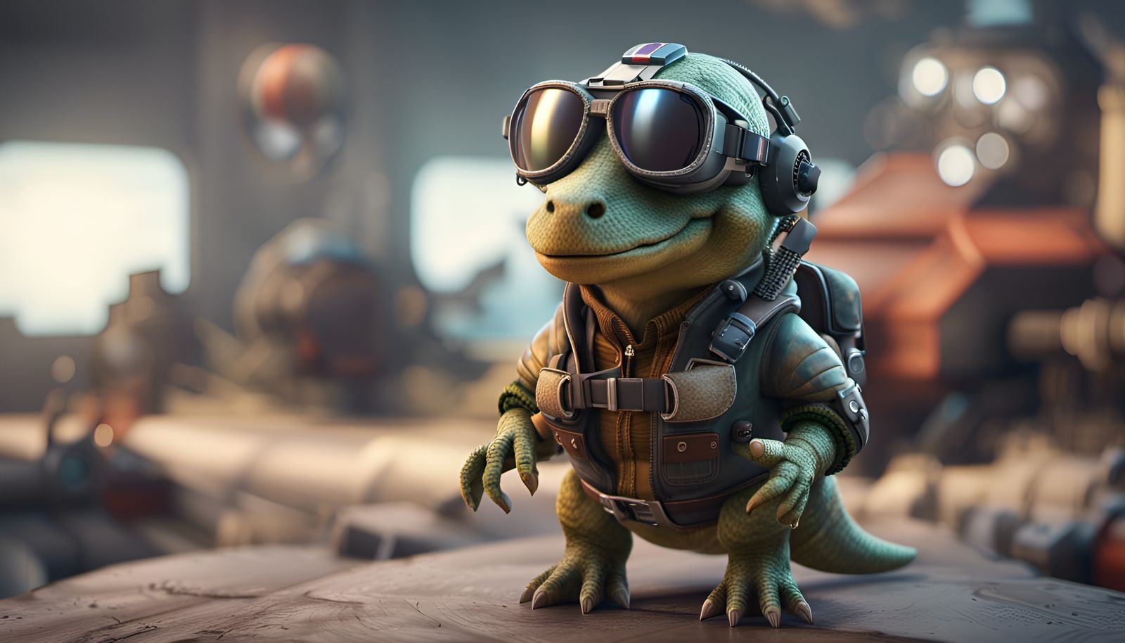 Tiny dinosaur with a pilot helmet and an aviator jacket and pilot ...
