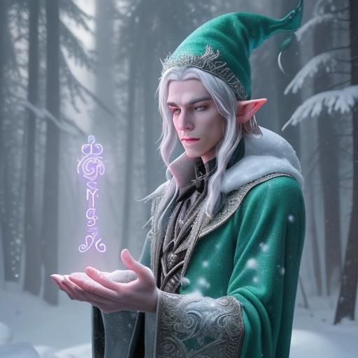 a detailed image of an elf magician practicing his magic in a snowy ...