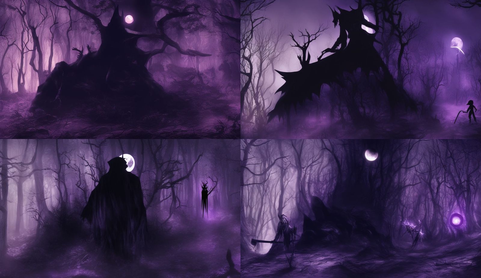 "black, purple, white, red deep dark creepy forest with glimpse of ...
