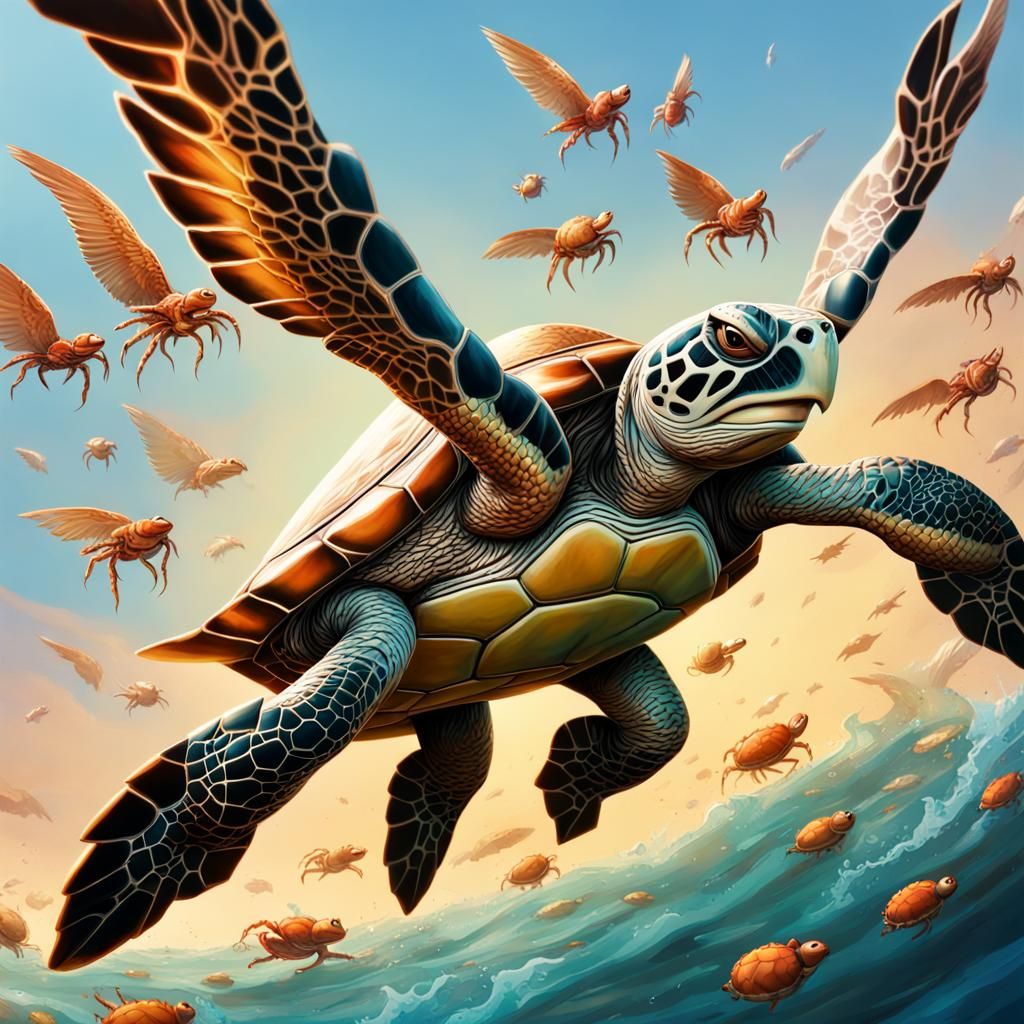a turtle flying with metal wings and followed by a lot of crabs - AI ...