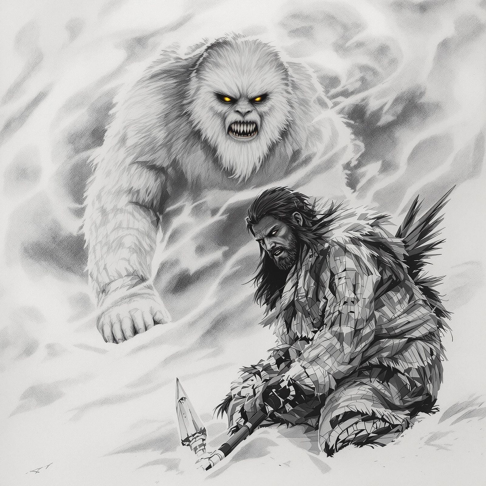 Inuit Warrior in Sealskins and Furs Faces Yeti in ... - AI Art