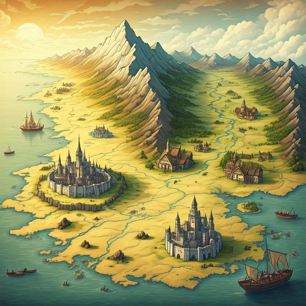 Whimsical Fantasy Map with Mythical Landmarks - AI Art