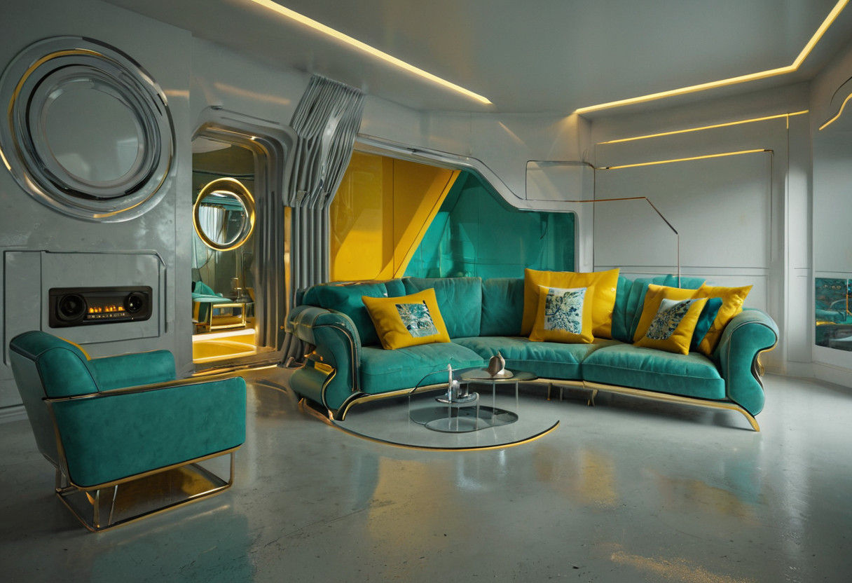 Retro-Futuristic Living Room with Yellow Chrome an... - AI Art