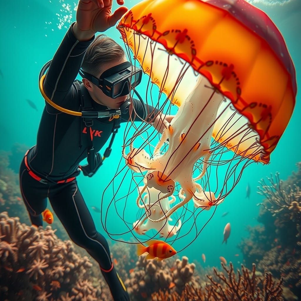 Ethereal Box Jellyfish Entwines Diver in Hyperreal... - AI Art