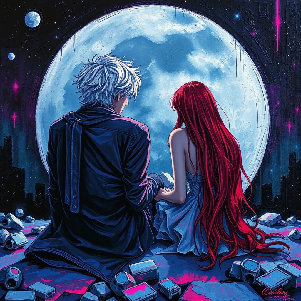 Cyberpunk Moon Landscape in Impasto Style - AI Art