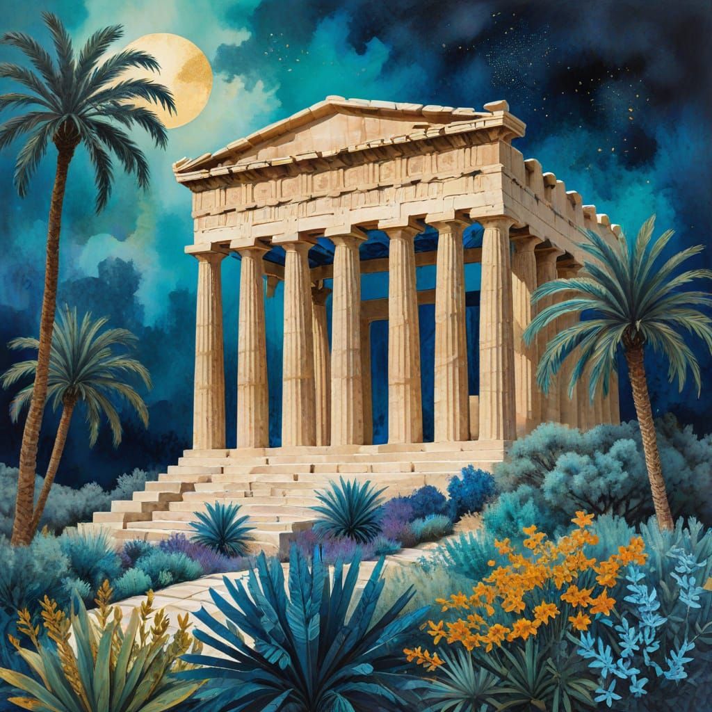 Vibrant Greek Temple Collage with Textured Element... - AI Art