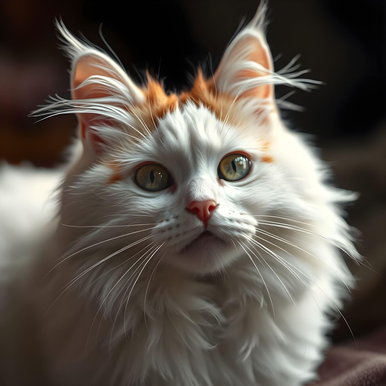 The white fluffy calico cat Isadora, super cute cat