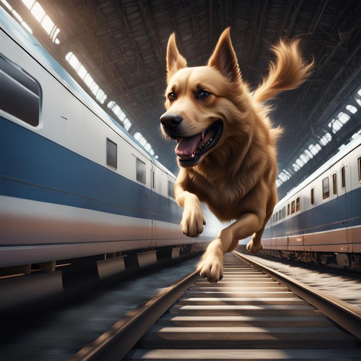 Dog chasing high-speed train. - AI Generated Artwork - NightCafe Creator