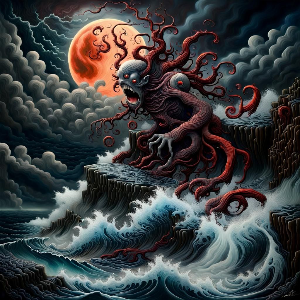 A sinister monster on top of a cliff overlooking a body of turbulent ...