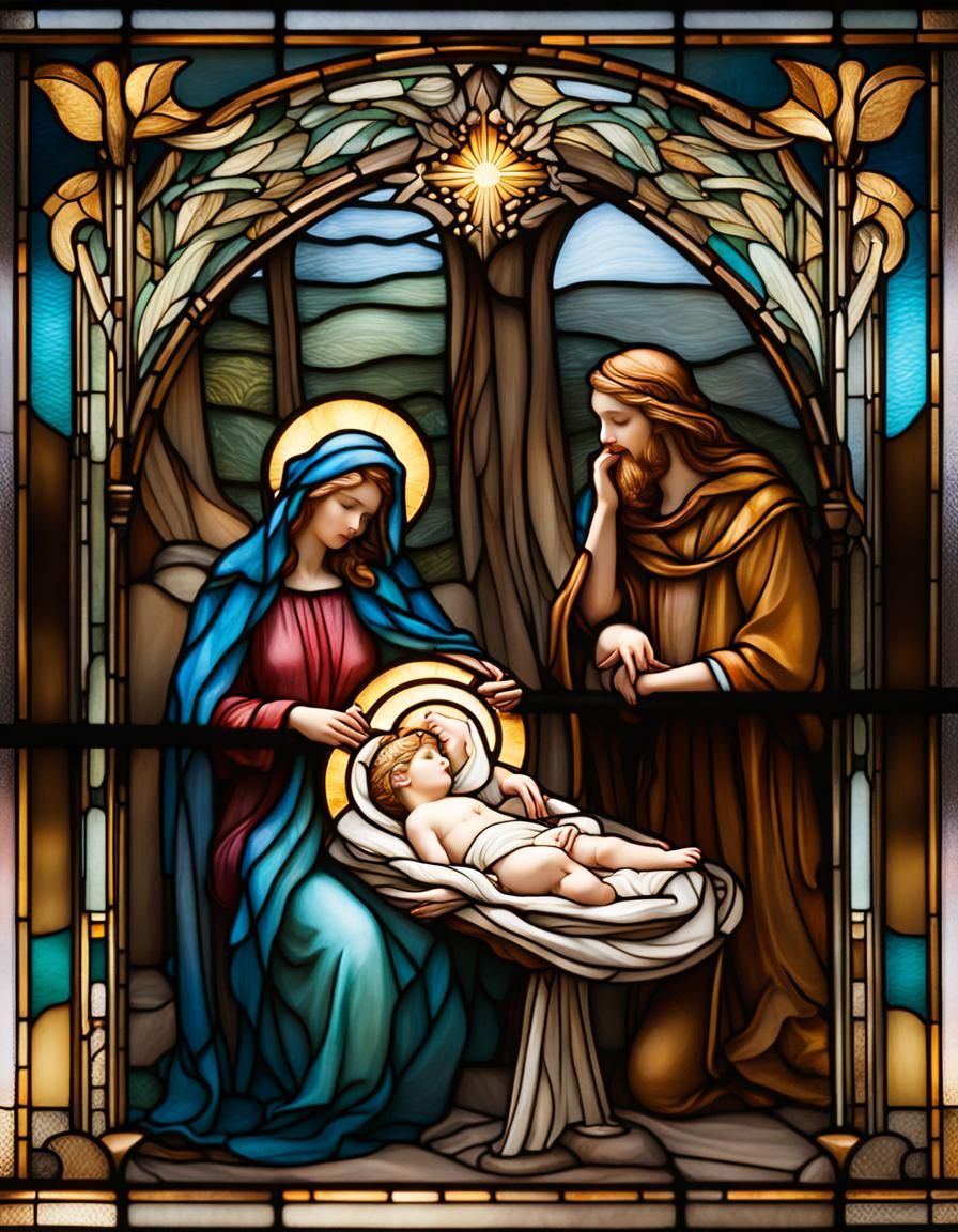 Highly detailed Art Nouveau Nativity stained glass window - AI ...