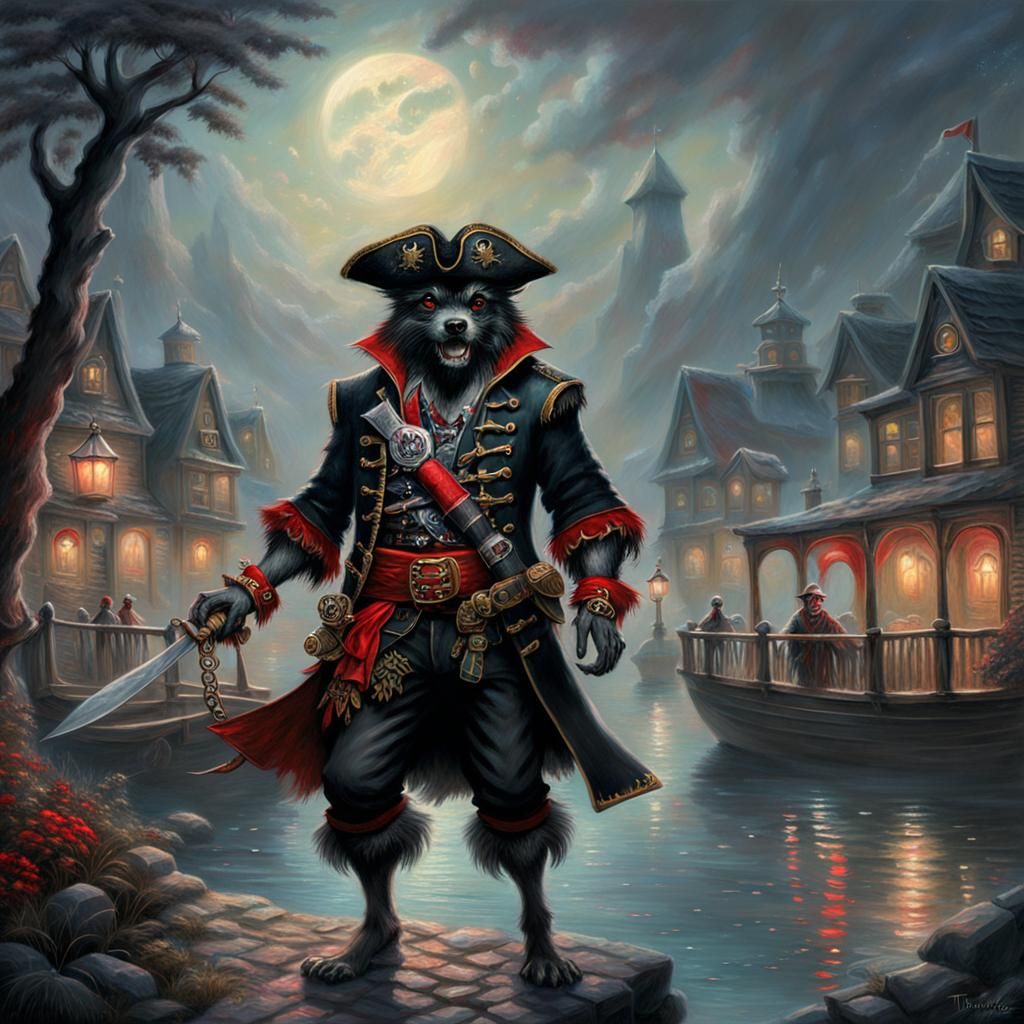 A black anthro werewolf Pirate with tricorner hat dressed in black and ...