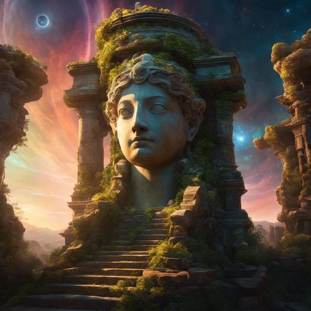 Close-up portrait; An_age-worn_statue_with_multi-dimensional_portals ...