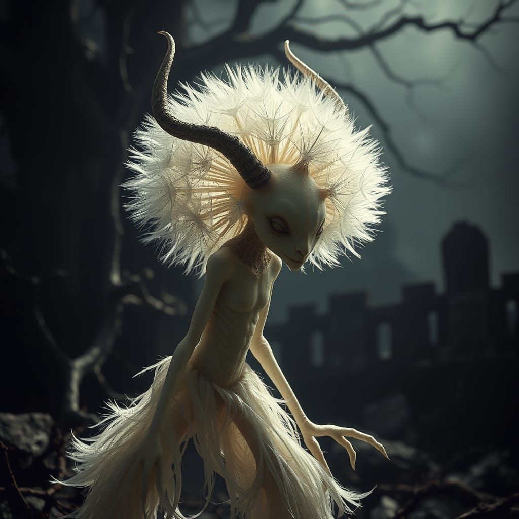 Ethereal Dandelion-Monster in Gothic Dreamscape - AI Art