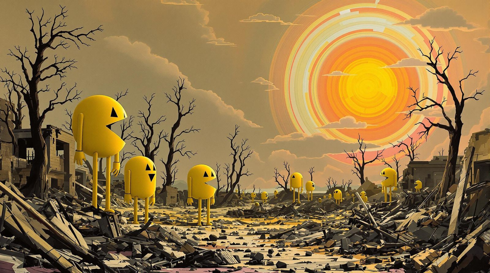 Surreal Apocalyptic Landscape Plus Pac-Man Creatures