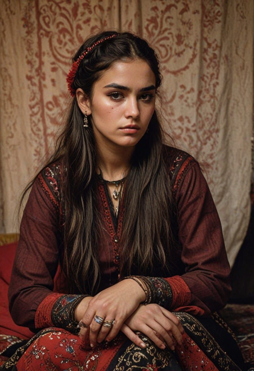 Young gypsy woman, with long dark brown hair, dark hairy eyebrows ...
