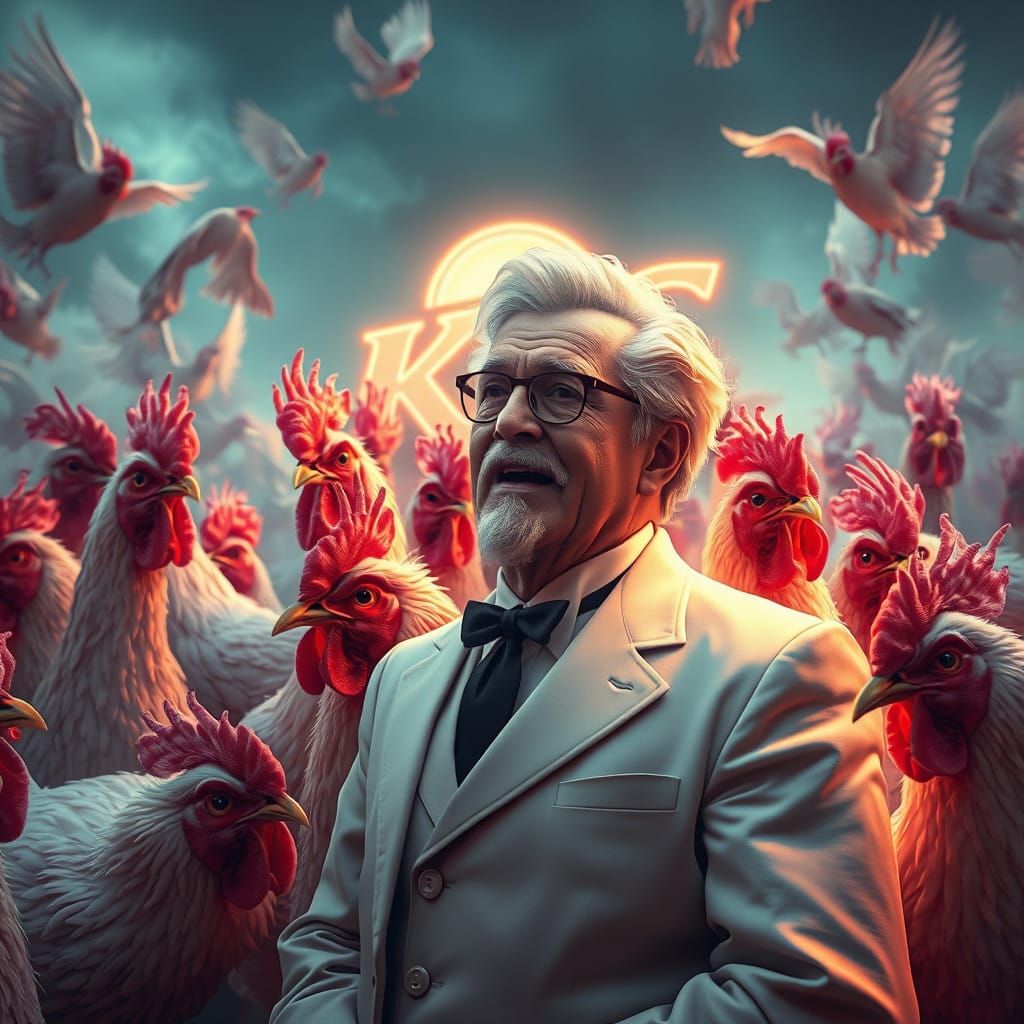 Colonel Sanders being kidnapped by chickens