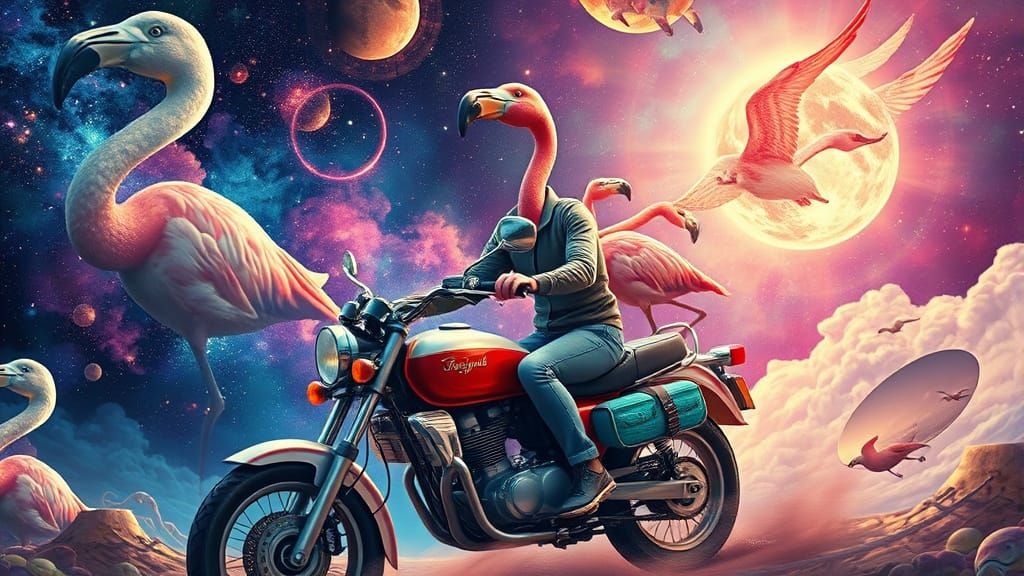 Surreal Flamingo in Cosmic Pop-Surrealist Motorcyc... - AI Art