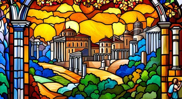 Stained glass window depicting ancient Roman ruins, Roman Forum, Ostia ...