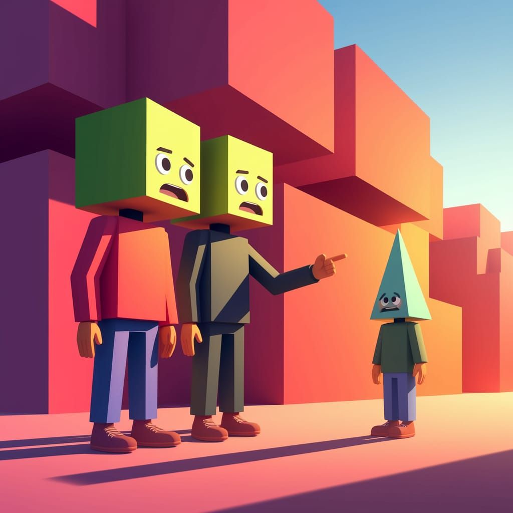 Two people with cube-shaped heads stand side by side, pointing with ...