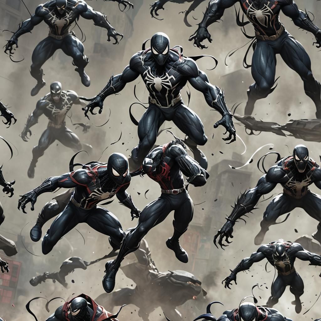 A half-Spider-Men, half-venom warrior in a dynamic pose, front view ...