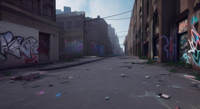 front view of Derelict street with broken windows, graffiti walls and ...
