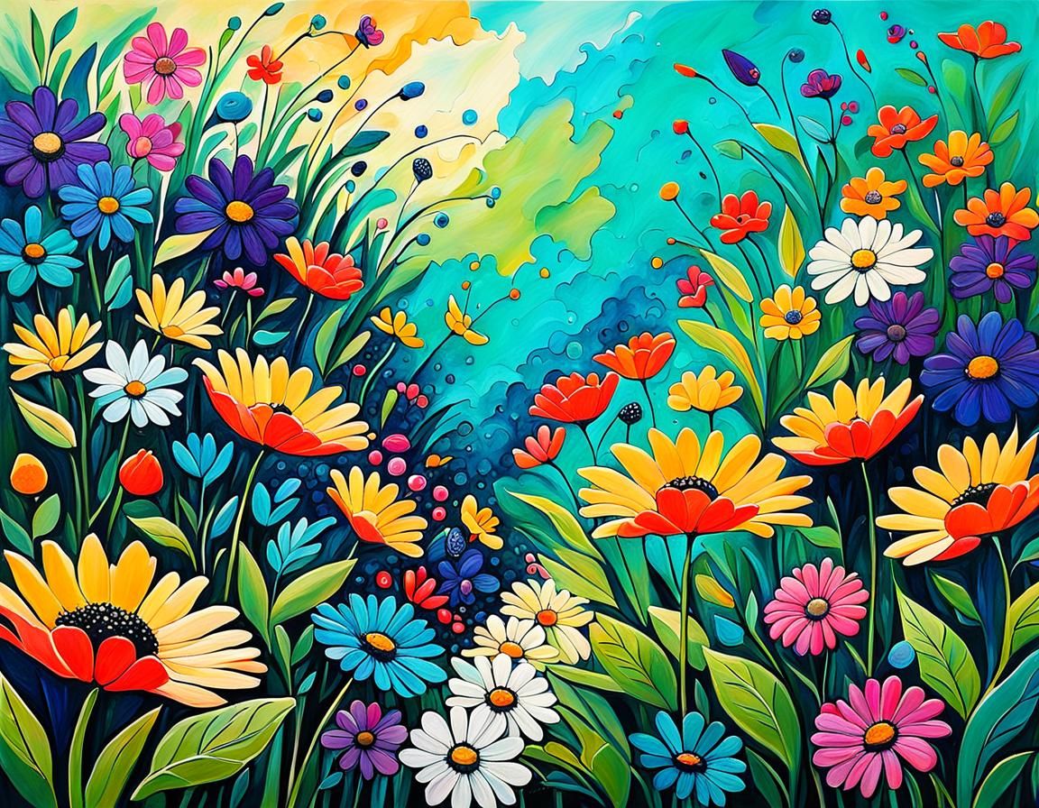 Secret flower garden abstract art complementary colors fine details ...